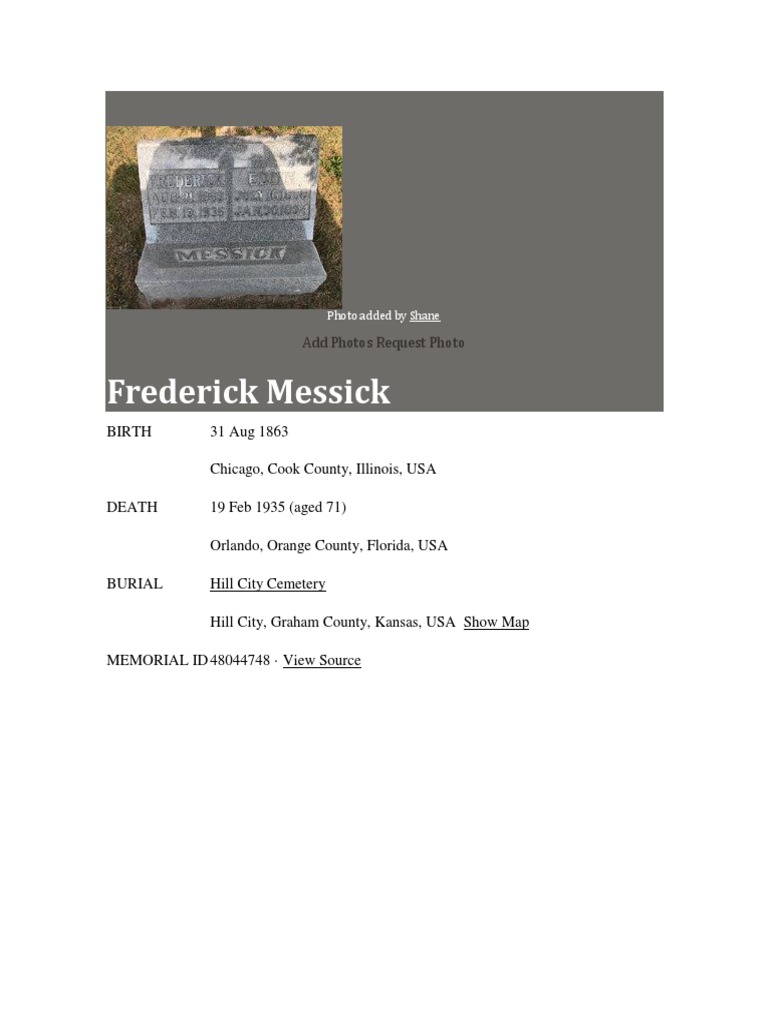 Frederick Messick: 1863-1935 Memorial | PDF | Travel