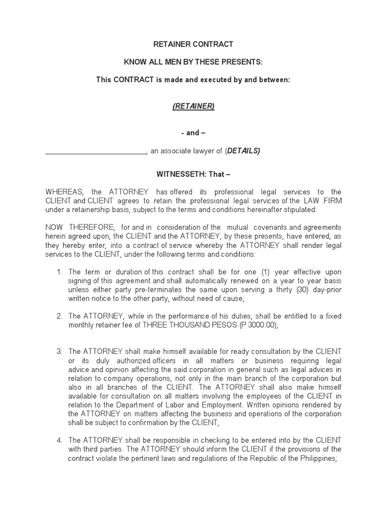 Sample Retainer's Contract | Lawyer | Practice Of Law