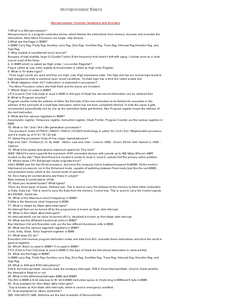 Microprocessor Basics Microprocessor Common Questions And Answers Pdf Central Processing 