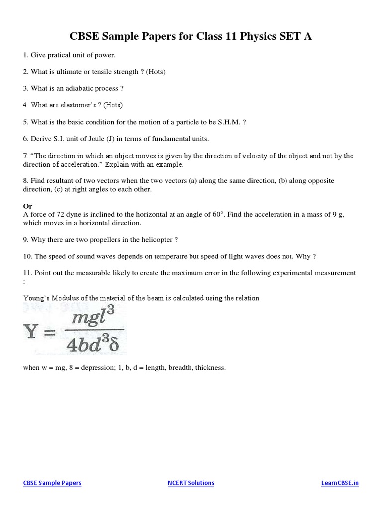 CBSE Sample Papers For Class 11 Physics SET A | PDF | Motion (Physics ...