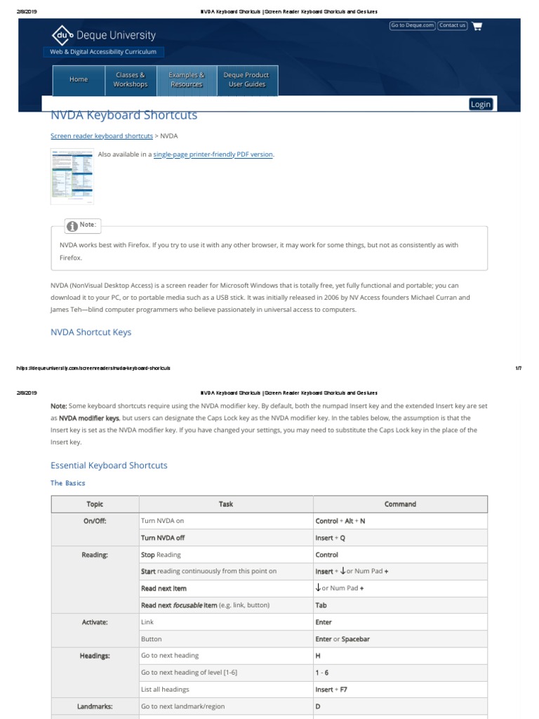 NVDA Ketcuts - Screen Reader Keyboard Shortcuts and Gestures | PDF