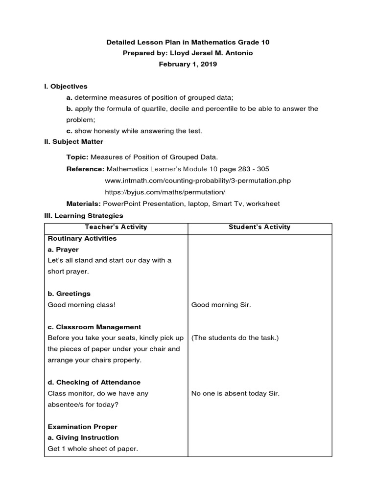 Measures of Position | PDF | Worksheet | Lesson Plan