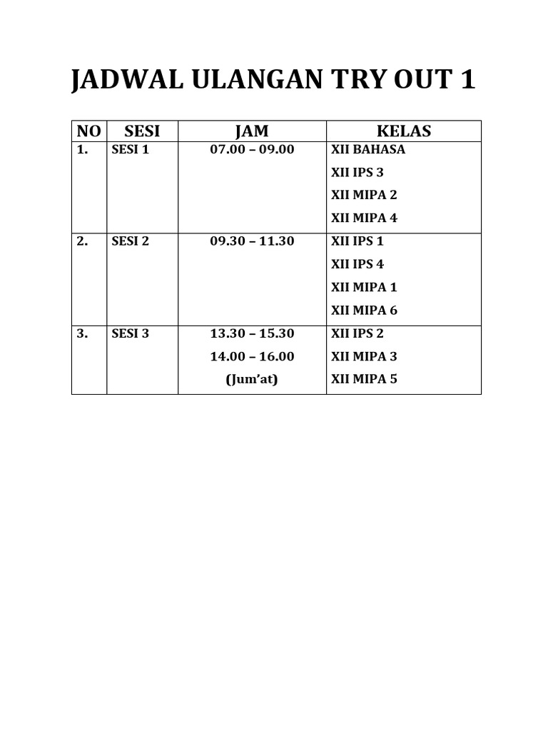 Jadwal Ulangan Try Out 1: No Sesi JAM Kelas | PDF
