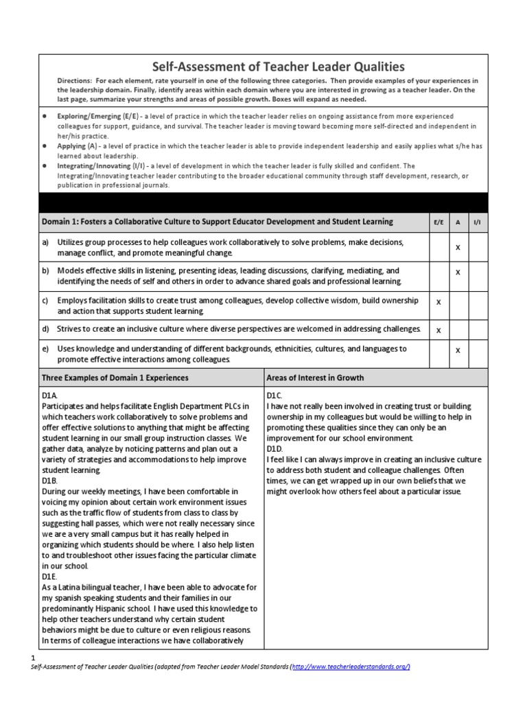 Self-Assessment of Teacher Leader Qualities | PDF | Teachers | Leadership