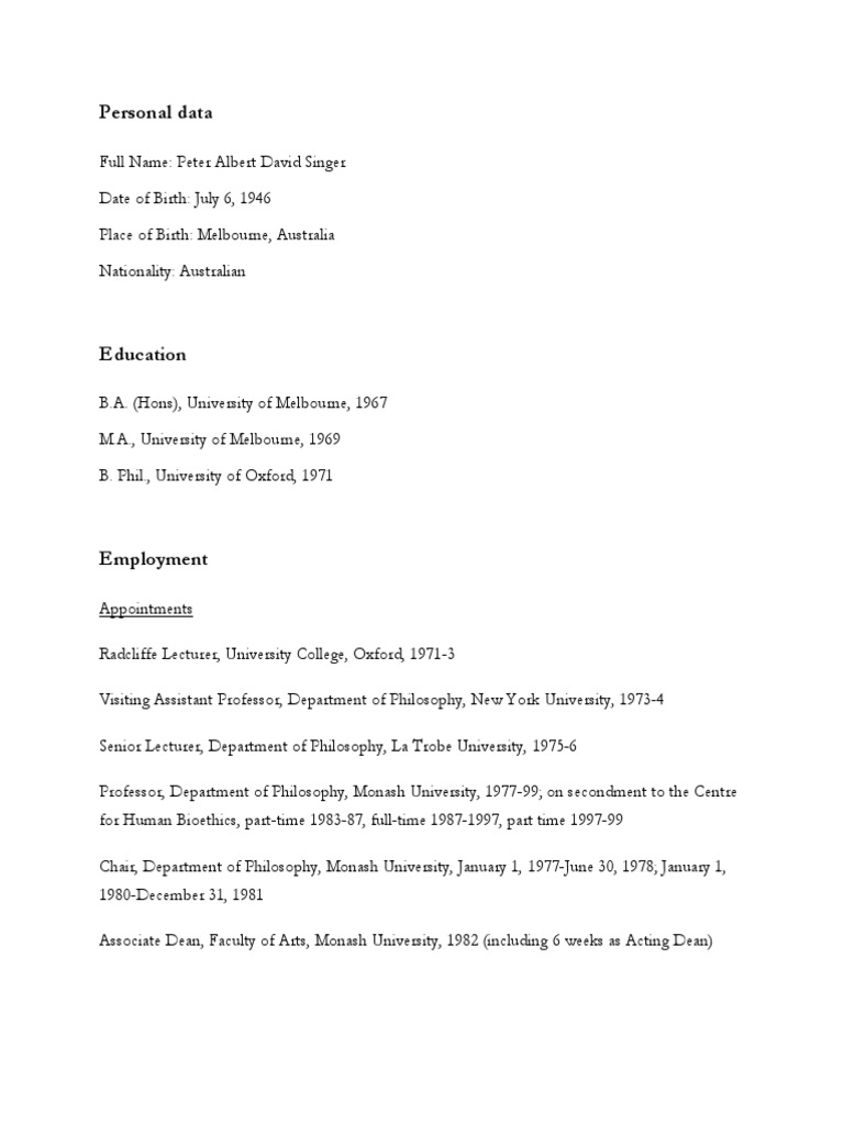 Peter Singer CV 15oct18 | PDF | Bioethics | Utilitarianism