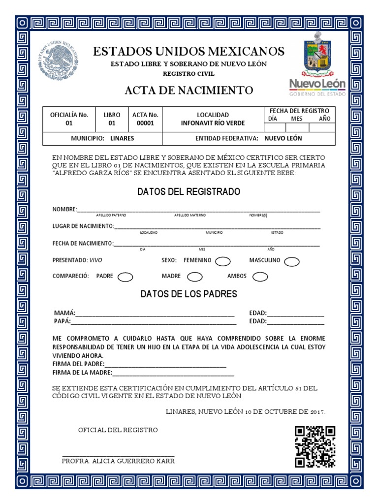 Acta De Nacimiento De Niño En Blanco