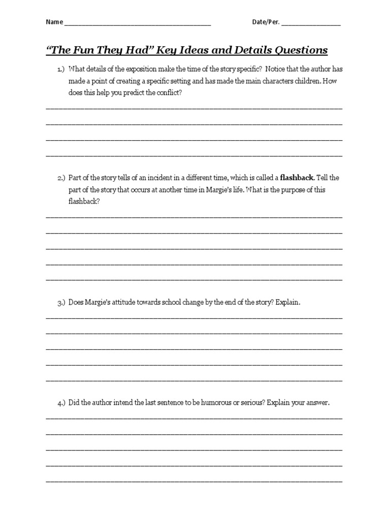 "The Fun They Had" Key Ideas and Details Questions | PDF ...