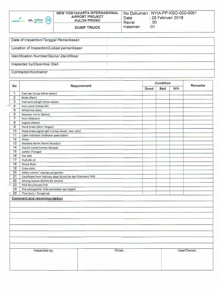 Form Inspeksi Dump Truck | PDF
