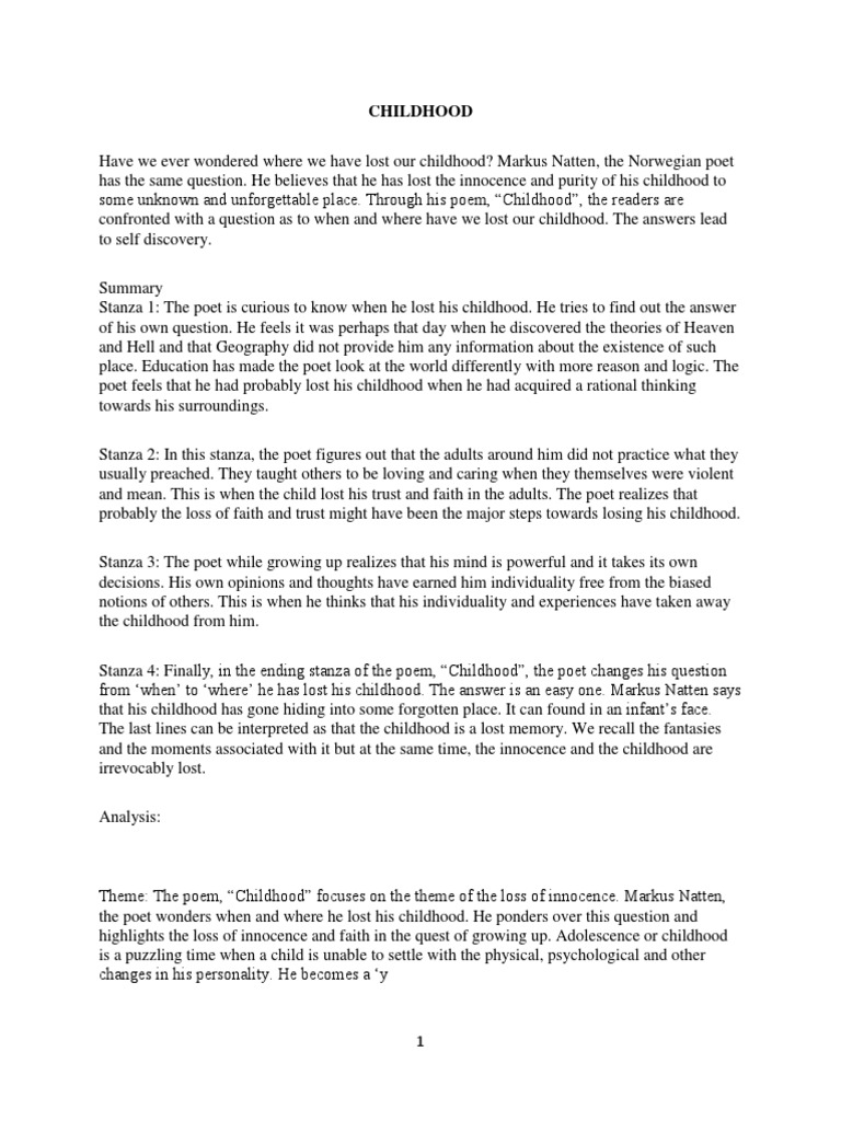 Childhood by Markus Natten: A Poem About Losing Innocence | PDF ...