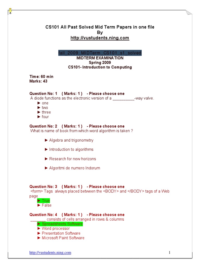 CS101 All Past Solved Mid Term Papers in One File | PDF | Java Script | World Wide Web