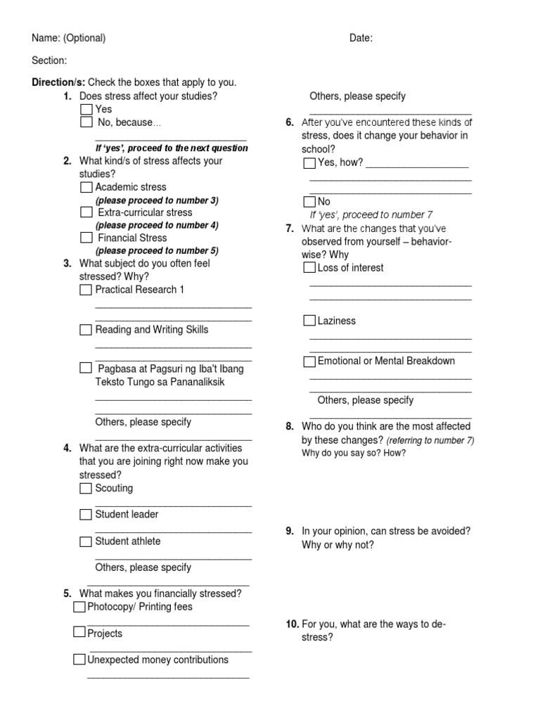 Student Stress Impact Questionnaire | PDF | Clinical Psychology ...