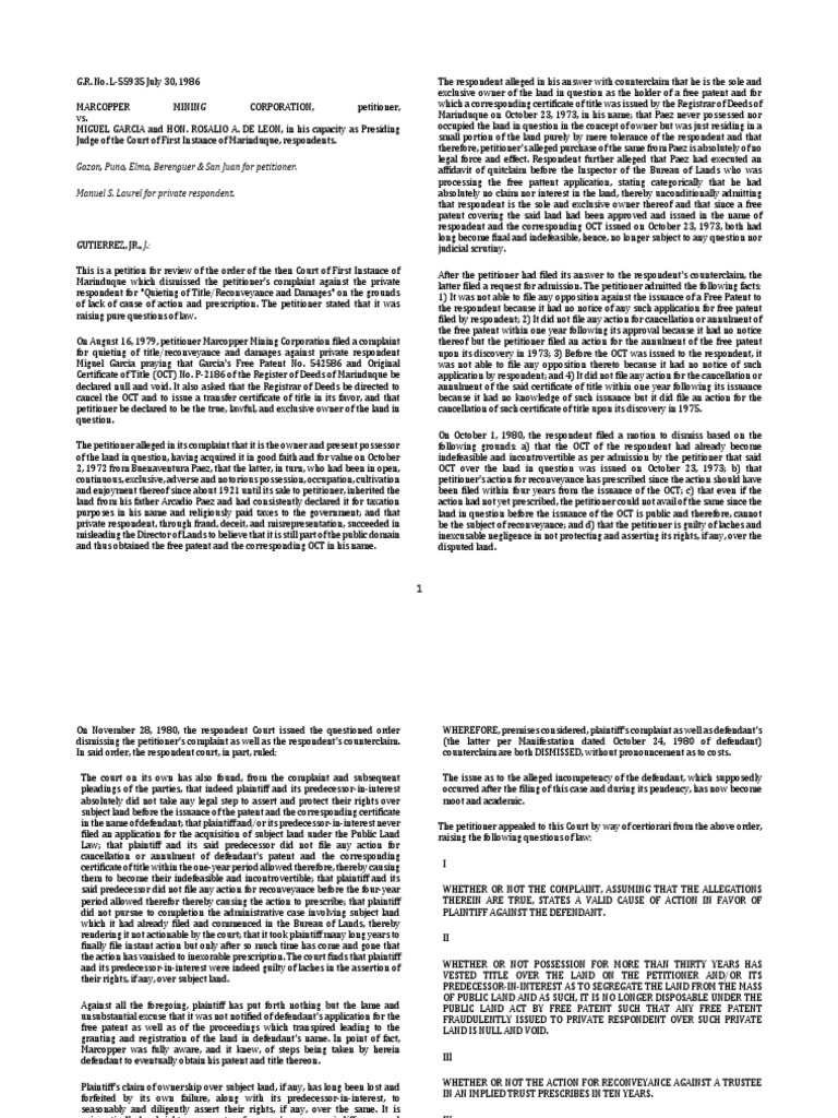 Marcopper vs. Garcia: Land Title Dispute | PDF | Pleading | Complaint