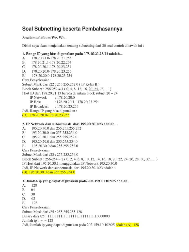 Soal Subnetting Beserta Pembahasannya | PDF
