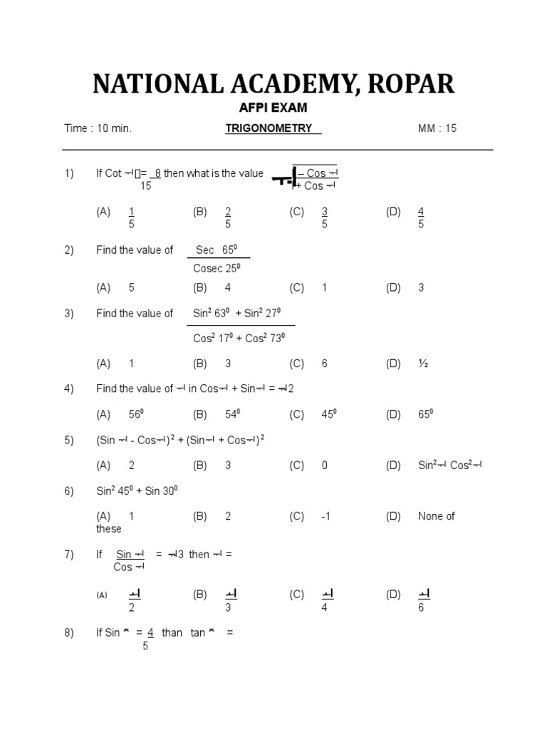 Trigonometry Test Basic | PDF | Sine | Geometric Measurement