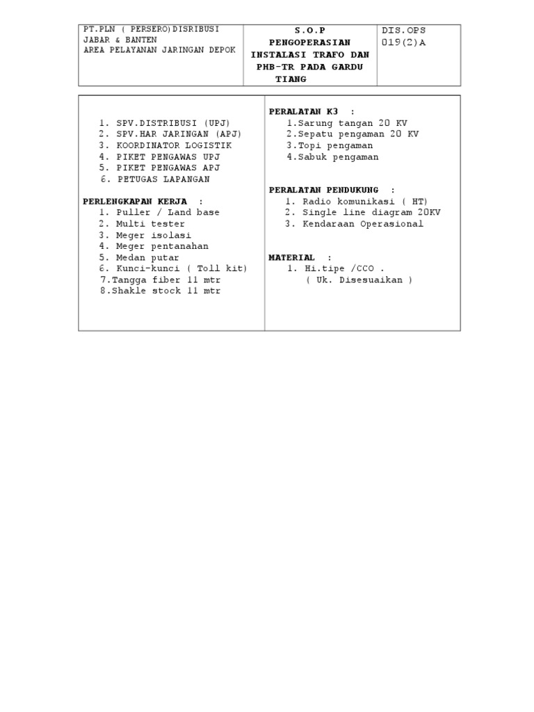 Sop - Pengoperasian Trafo Gardu Tiang | PDF
