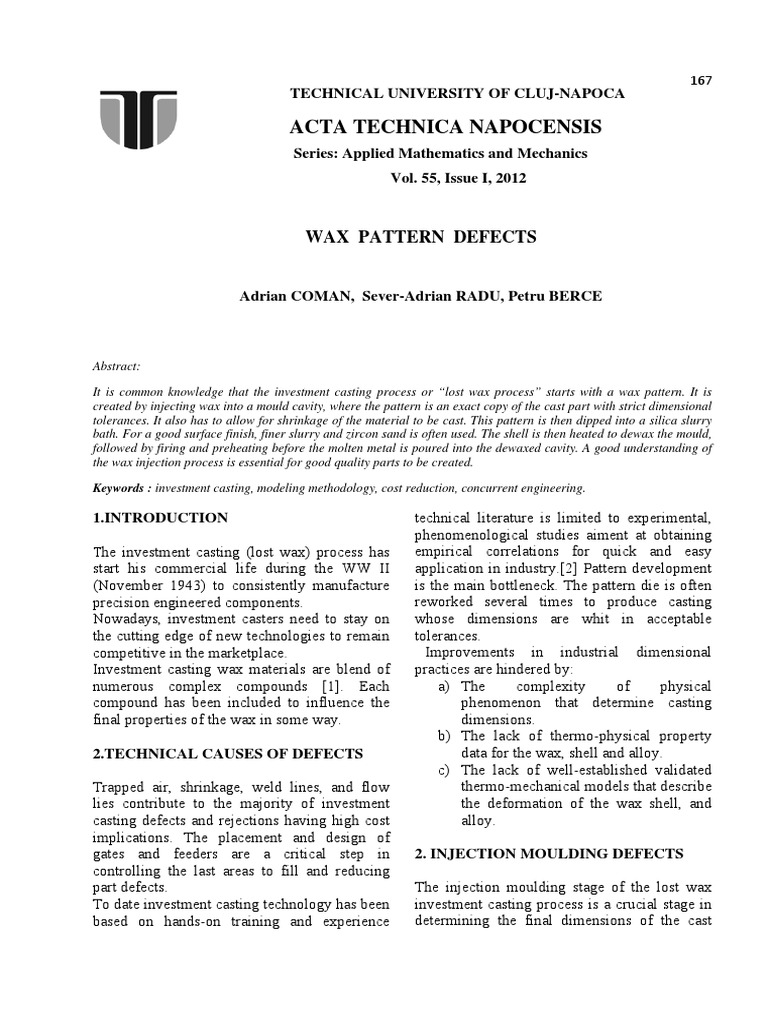 Acta Technica Napocensis: Wax Pattern Defects | PDF | Casting ...