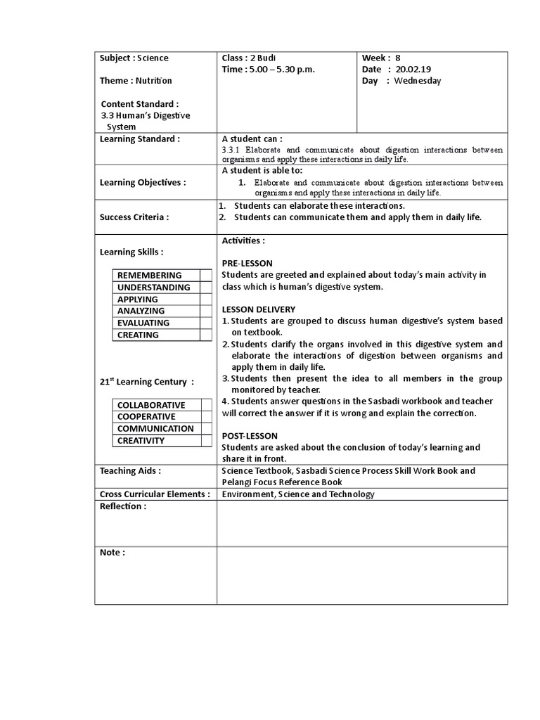 Form 2 Lesson Plan DLP Science | PDF