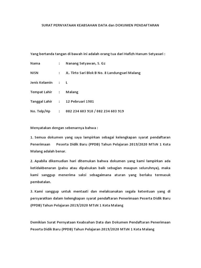 SURAT PERNYATAAN KEABSAHAN DATA Dan DOKUMEN PENDAF | PDF