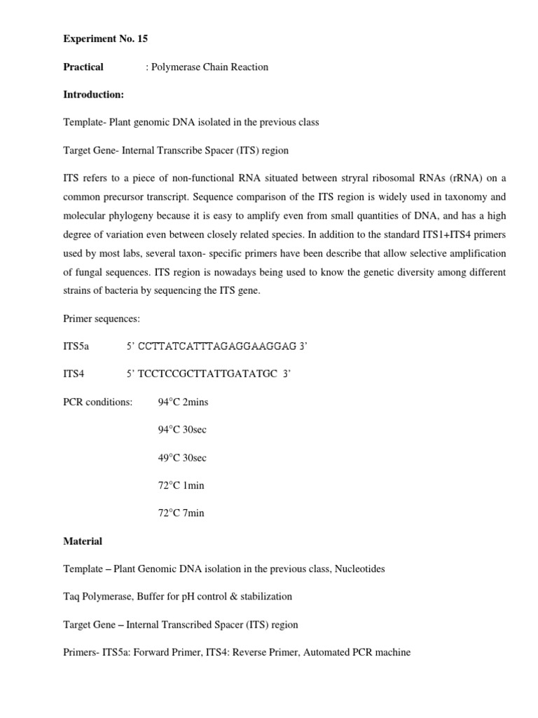 Experiment No. 15 Practical: Polymerase Chain Reaction | PDF ...