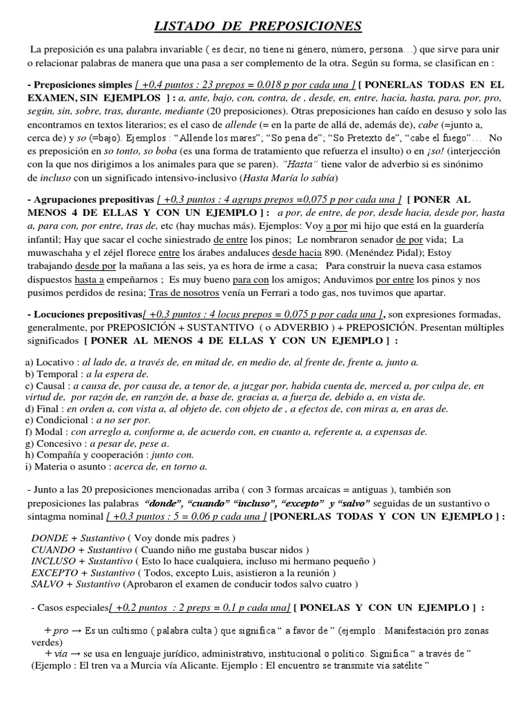 06a. Las Preposiciones (Listado Según La Clasificación Forma) | PDF ...