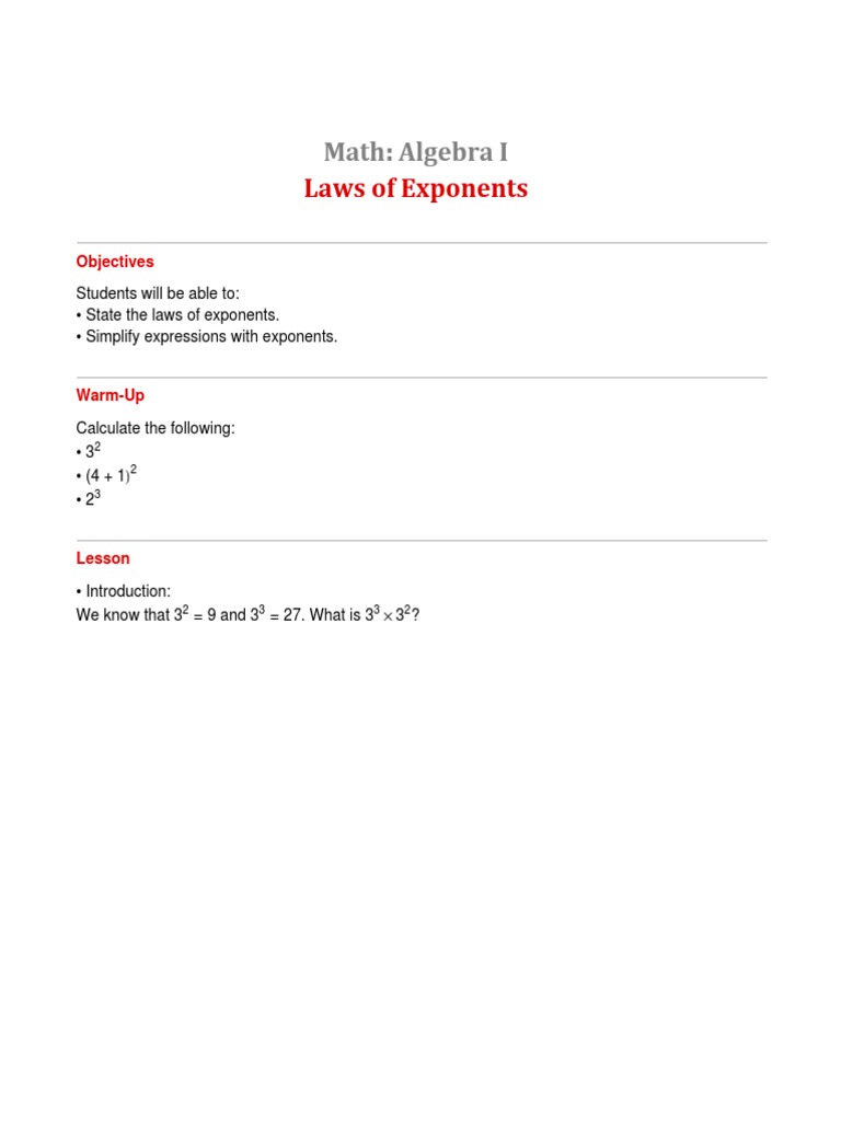 Laws of Exponents: Math: Algebra I | PDF | Teaching Methods & Materials ...