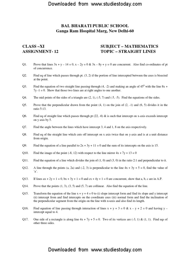 CBSE Class 11 Mathematics Worksheet | PDF | Line (Geometry) | Perpendicular