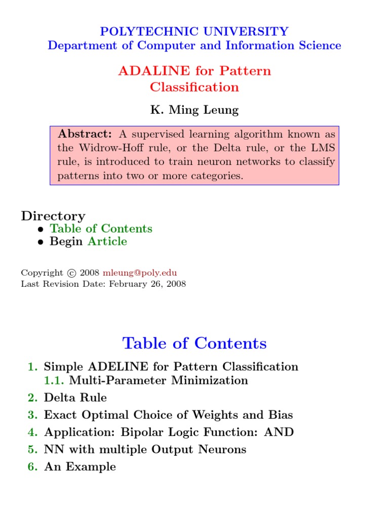 ADALINE For Pattern Classification: Polytechnic University Department ...
