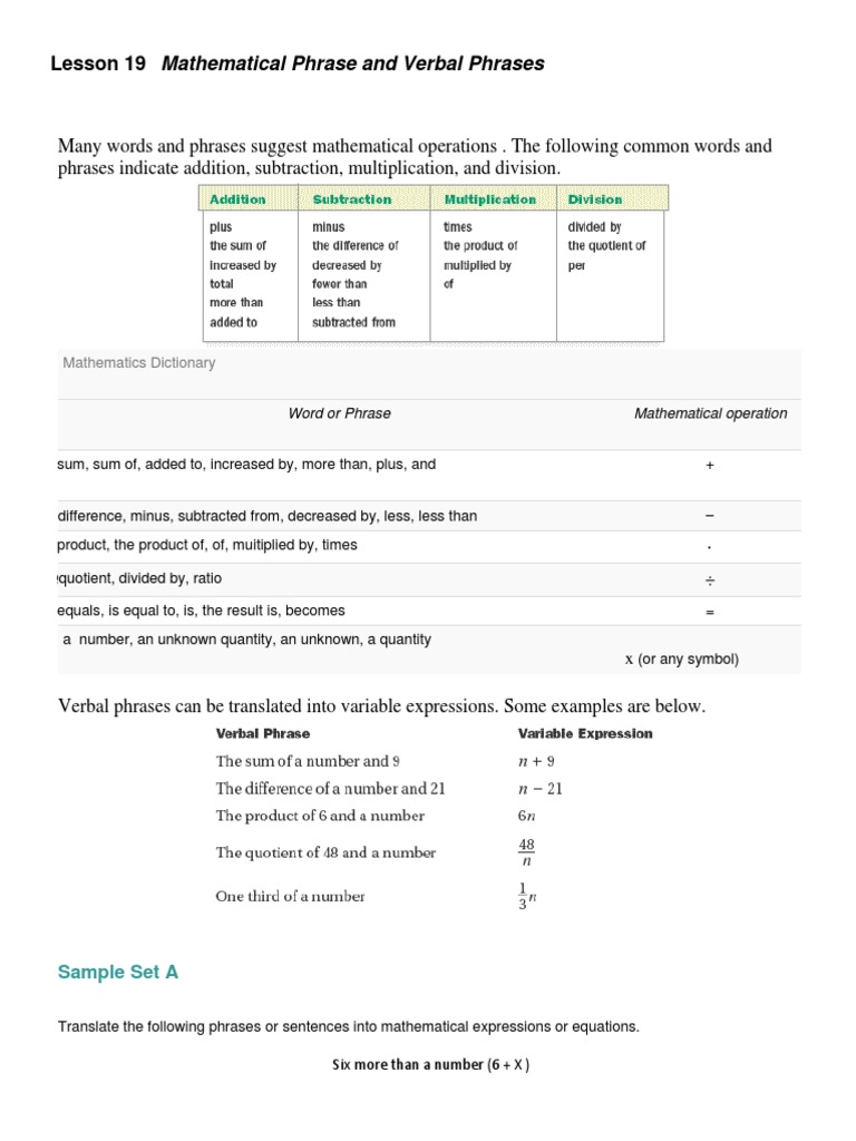 Lesson 19 Mathematical Phrase and Verbal Phrases | PDF | Inequality ...