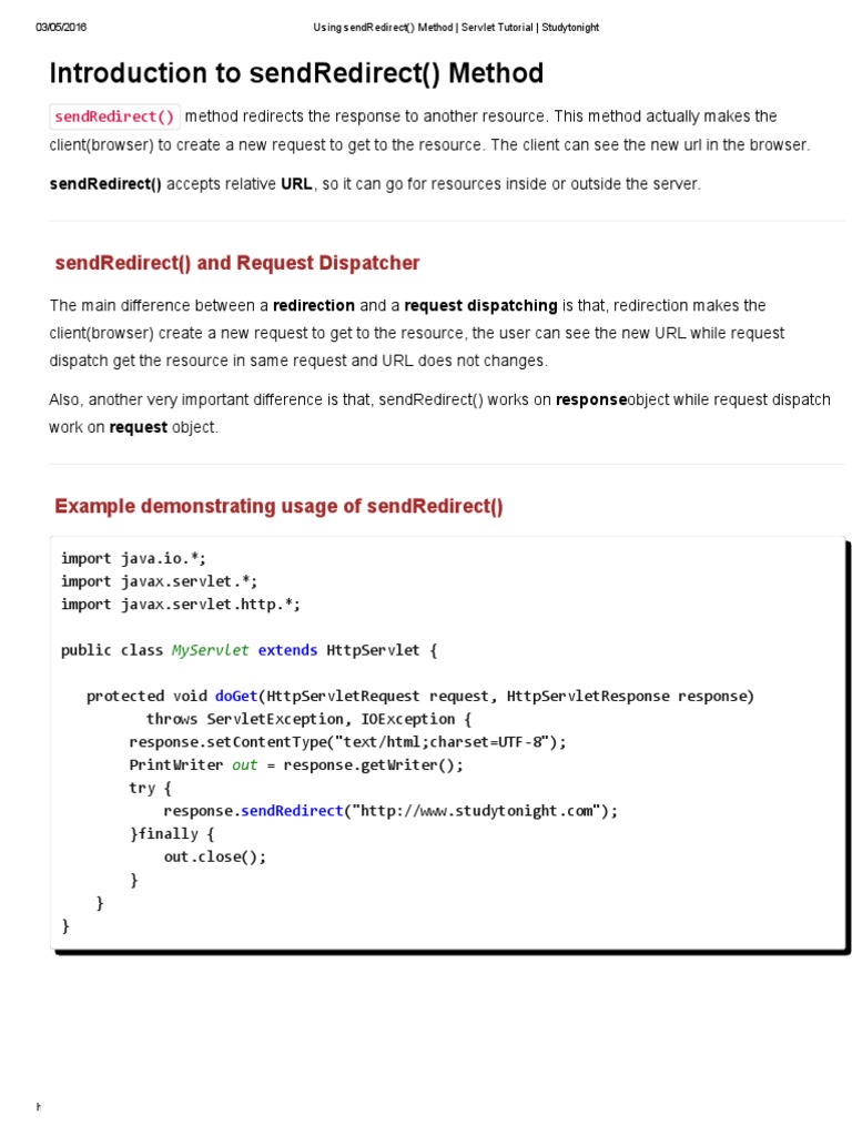 Introduction To Sendredirect Method: Sendredirect and Request Dispatcher | PDF | Business
