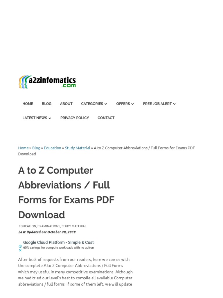 A To Z Computer Abbreviations - Full Forms For Exams PDF Download ...