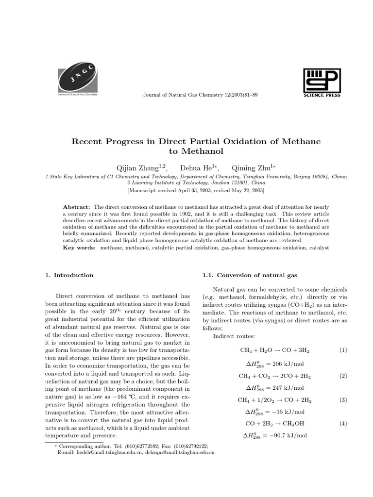 Recent Progress in Direct Partial Oxidation of Methane To Methanol ...
