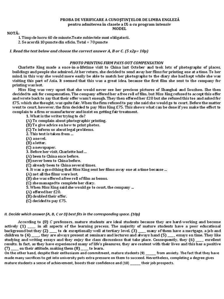 Subiect INTENSIV ENGLEZA Model PDF | PDF