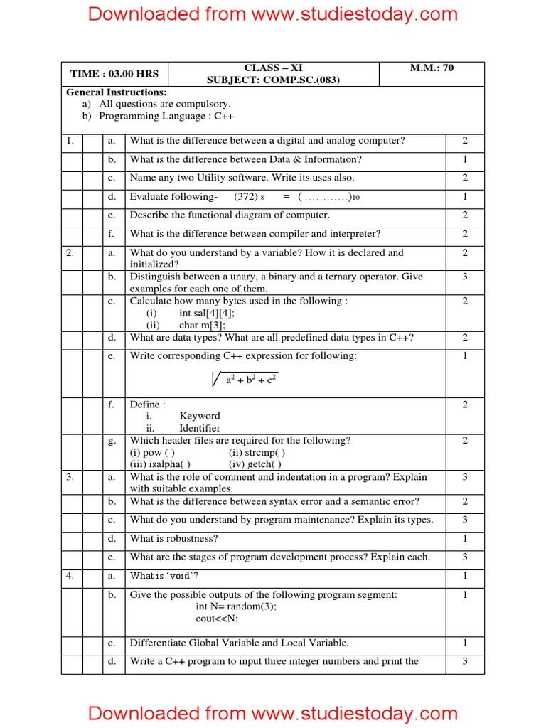 CBSE Class 11 Computer Science Sample Paper 2018 | PDF | C (Programming ...