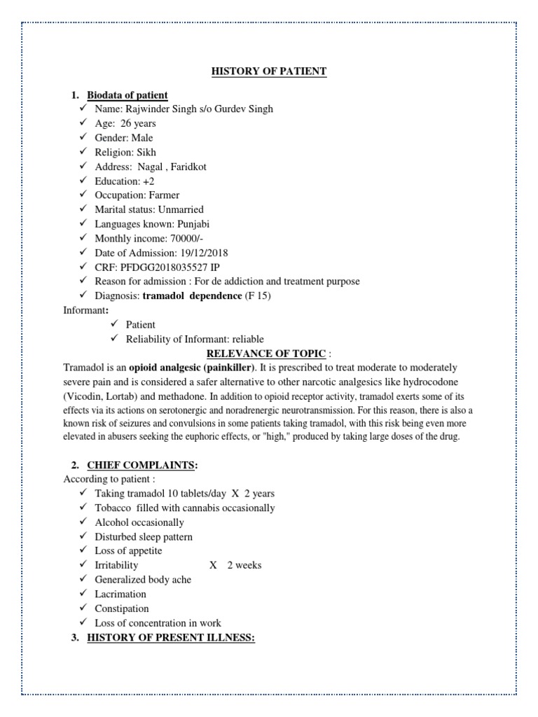 History of Patient 1. Biodata of Patient | PDF | Substance Abuse | Opioid