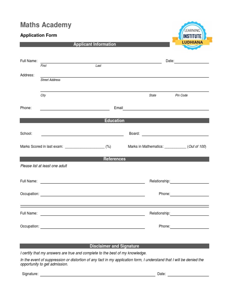 Maths Academy Application Form | PDF