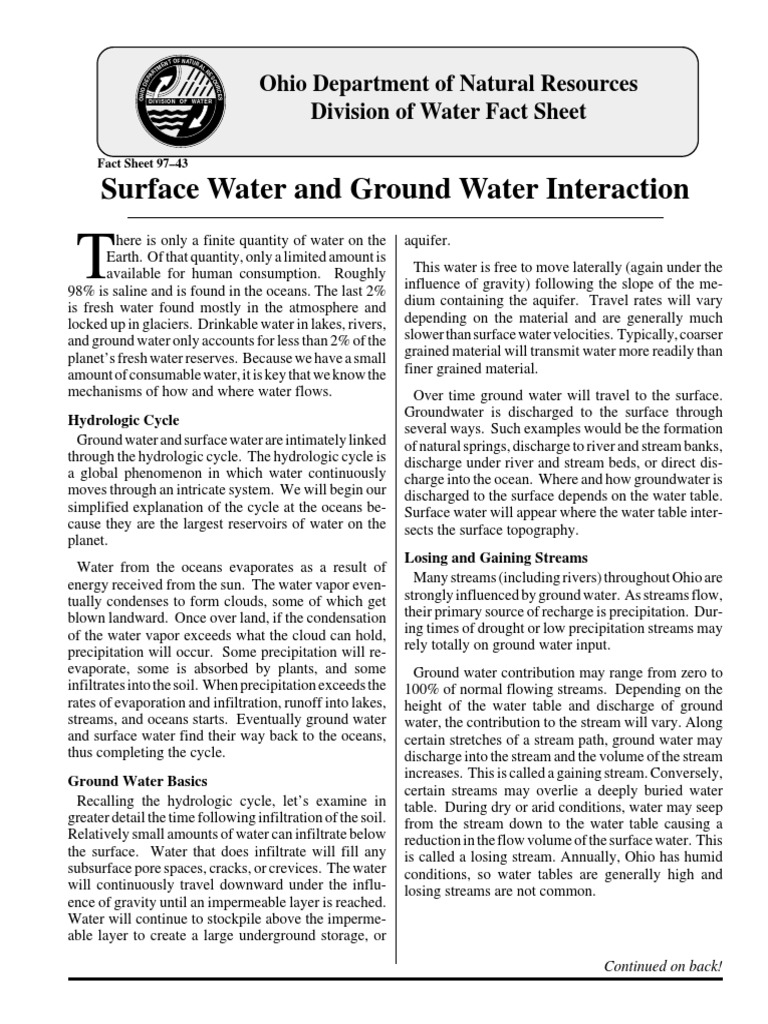 Surface Water and Ground Water Interaction: Ohio Department of Natural ...