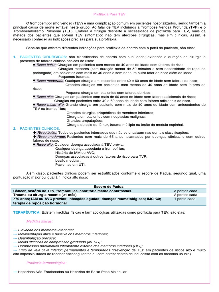 Profilaxia Para TEV: Estratificação de Risco e Recomendações ...