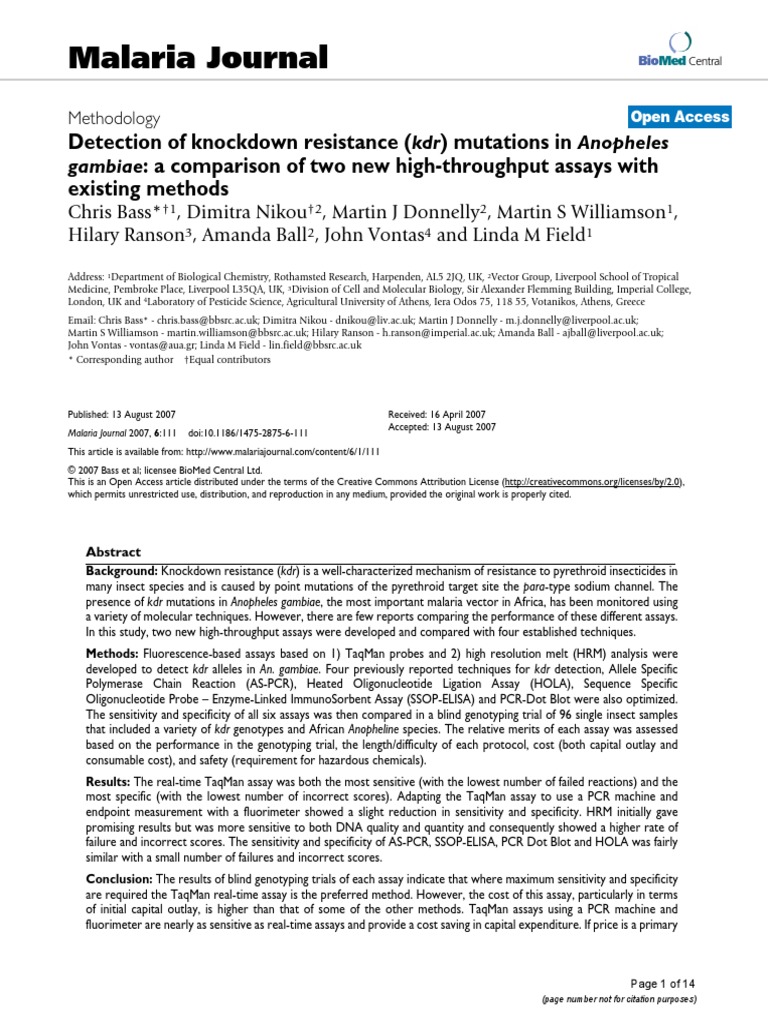 Detection of Knockdown Resistance (KDR) Mutations in Anopheles Gambiae: A Comparison of Two New ...