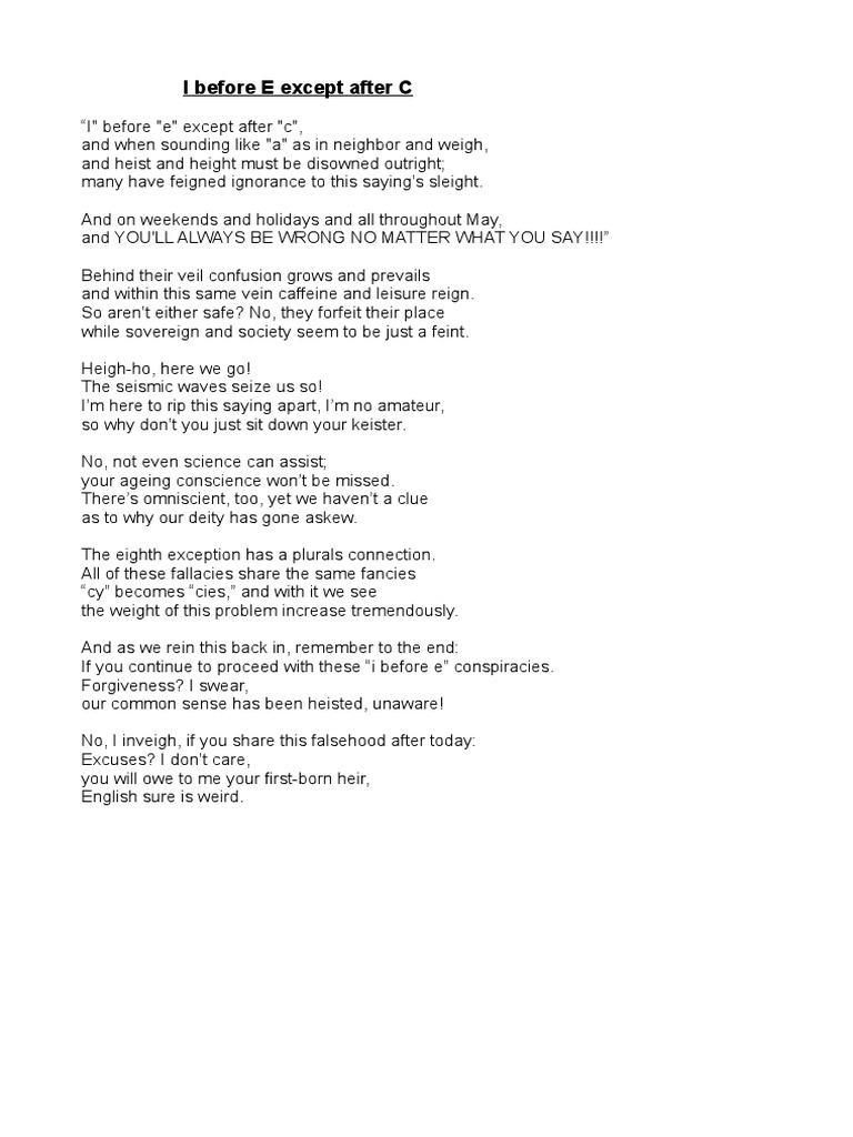I before E rule poem | PDF