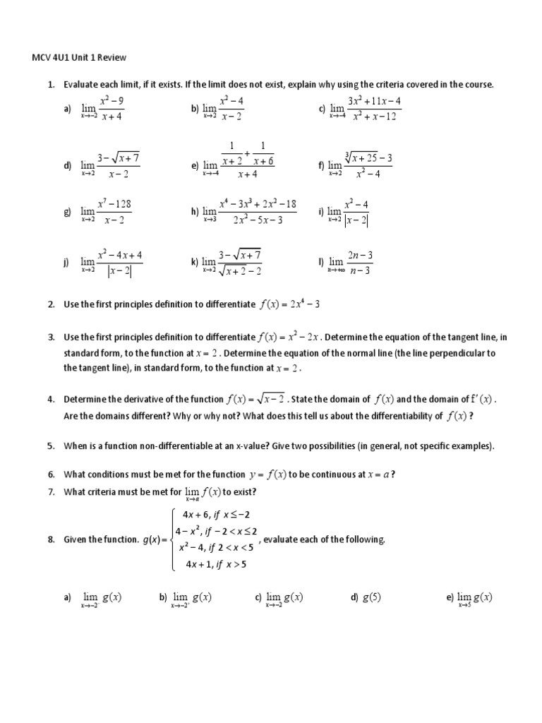 MCV4U1 Unit 1 Calculus Review | PDF | Continuous Function | Function (Mathematics)