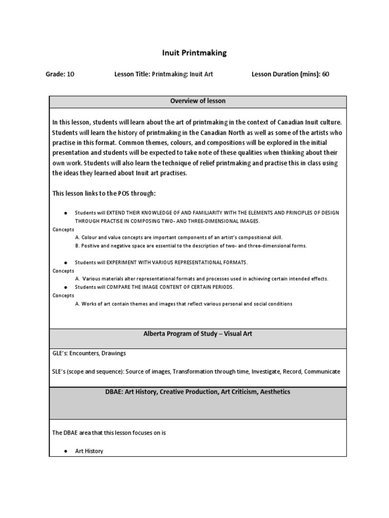 Inuit Printmaking: Grade: 10 Lesson Title: Printmaking: Inuit Art ...
