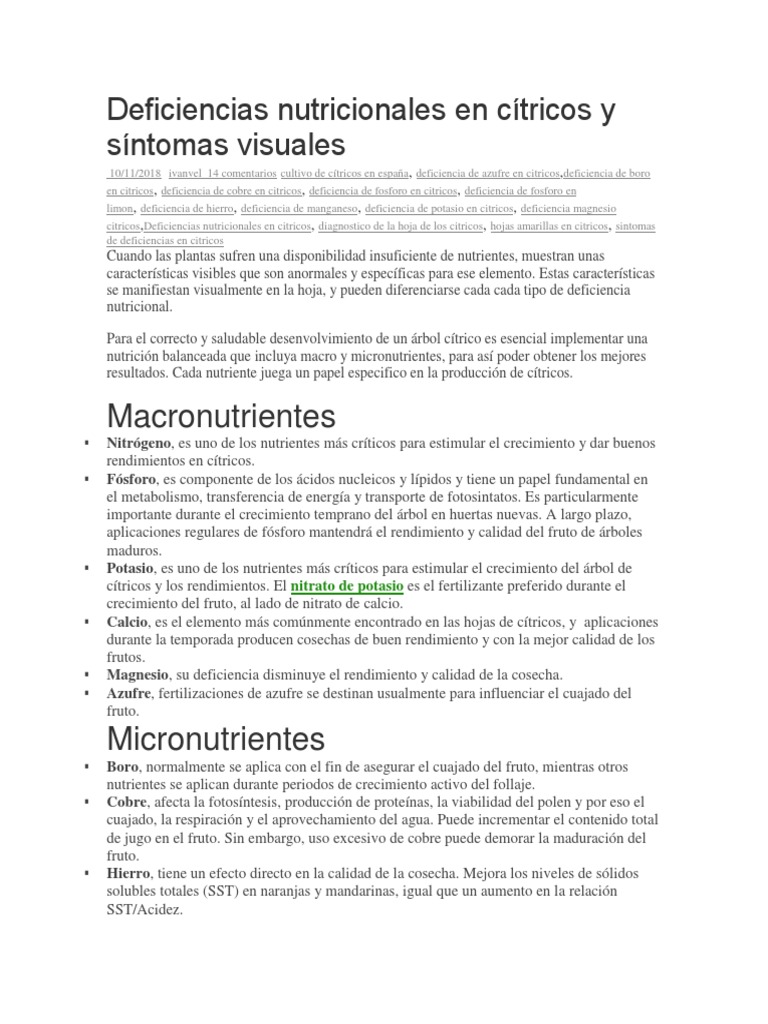Deficiencias Nutricionales en Cítricos y Síntomas Visuales | PDF ... Deficiencias Nutricionales en Cítricos y Síntomas Visuales | PDF ...