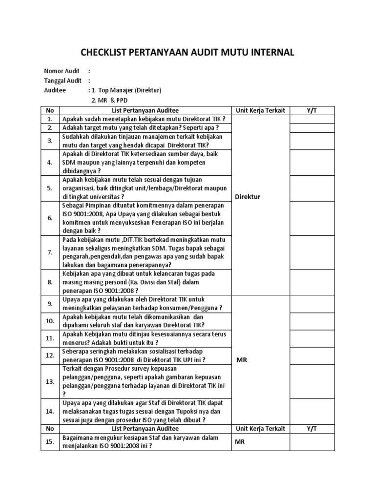 Cheklist Audit Internal | PDF