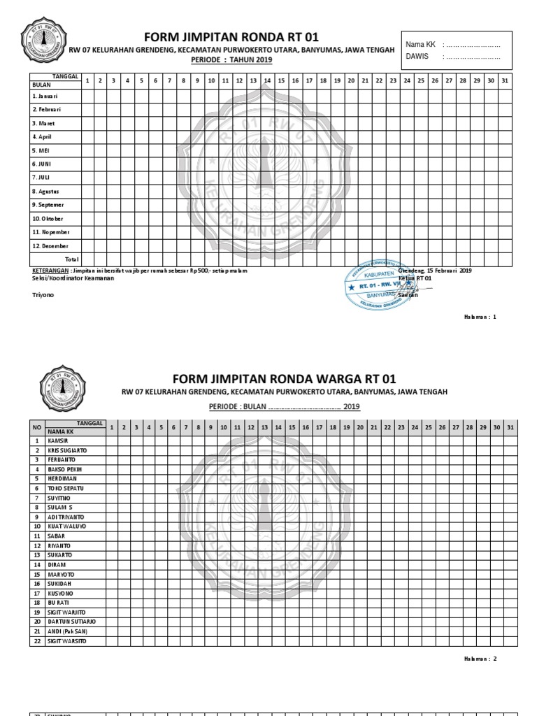Form Jimpitan Ronda RT 01 | PDF