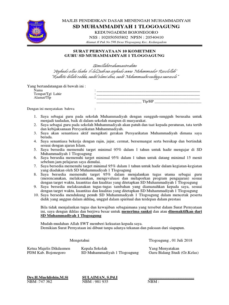 Surat Pernyataan Sepuluh Komitmen Guru | PDF