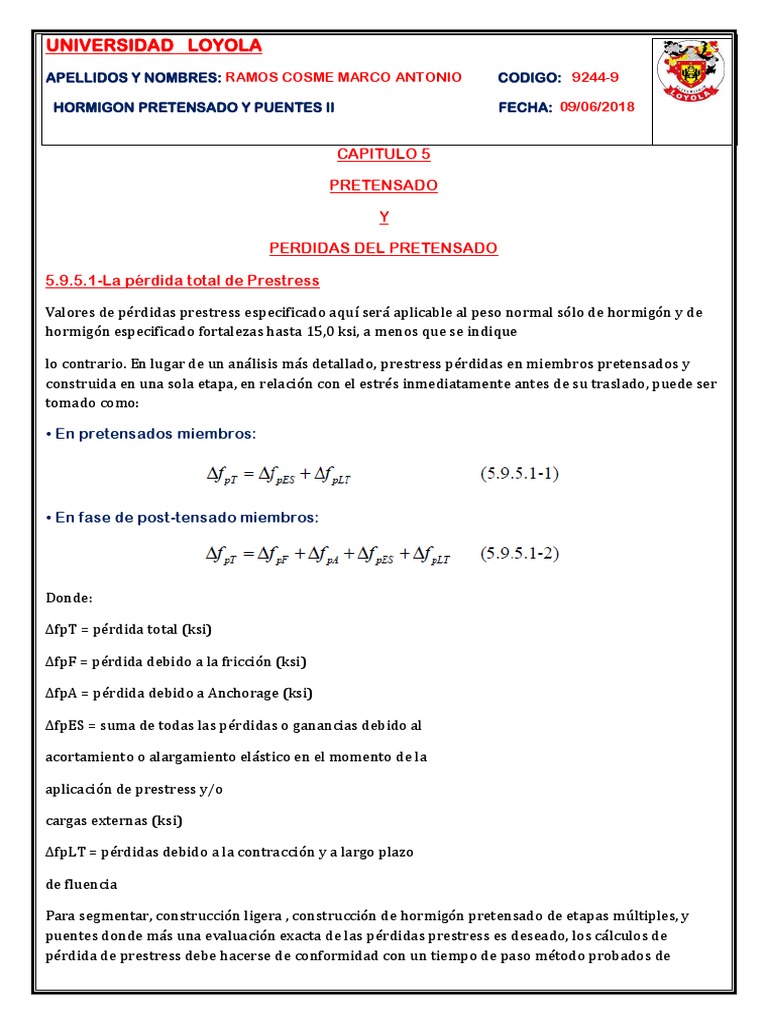 Análisis De Las Pérdidas De Pretensado En Miembros De Hormigón