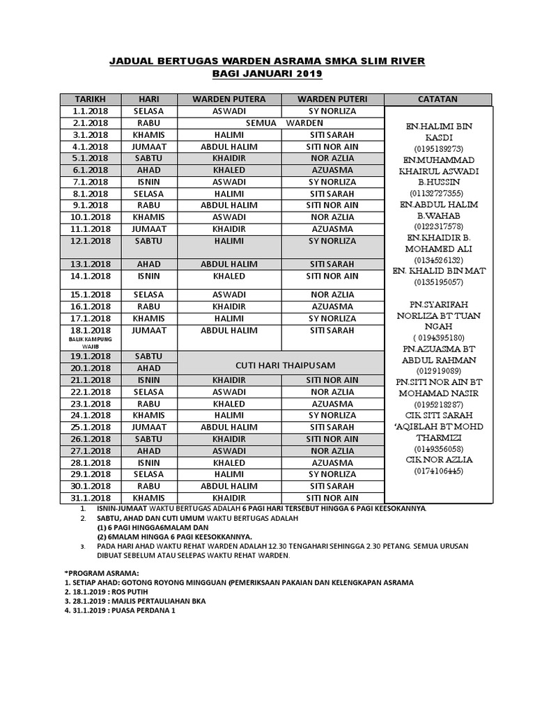 Jadual Bertugas Warden 1 | PDF
