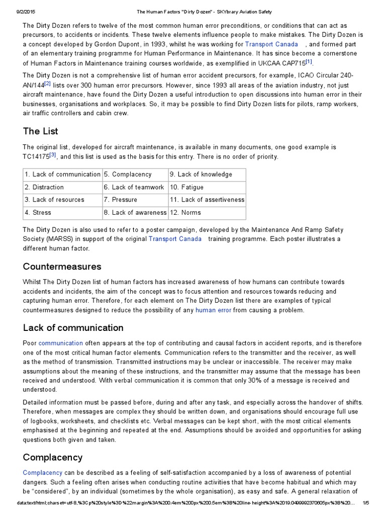 The Human Factors - Dirty Dozen - SKYbrary Aviation Safety | PDF ...