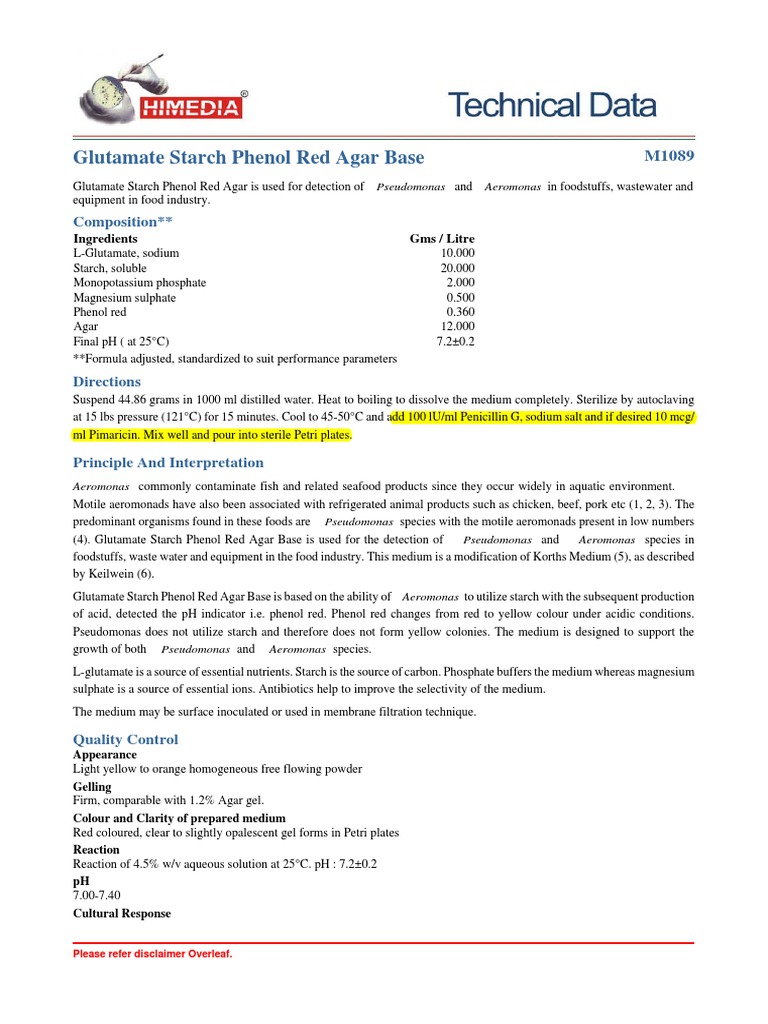 Glutamate Starch Phenol Red Agar Base: Composition | PDF | Agar | Starch