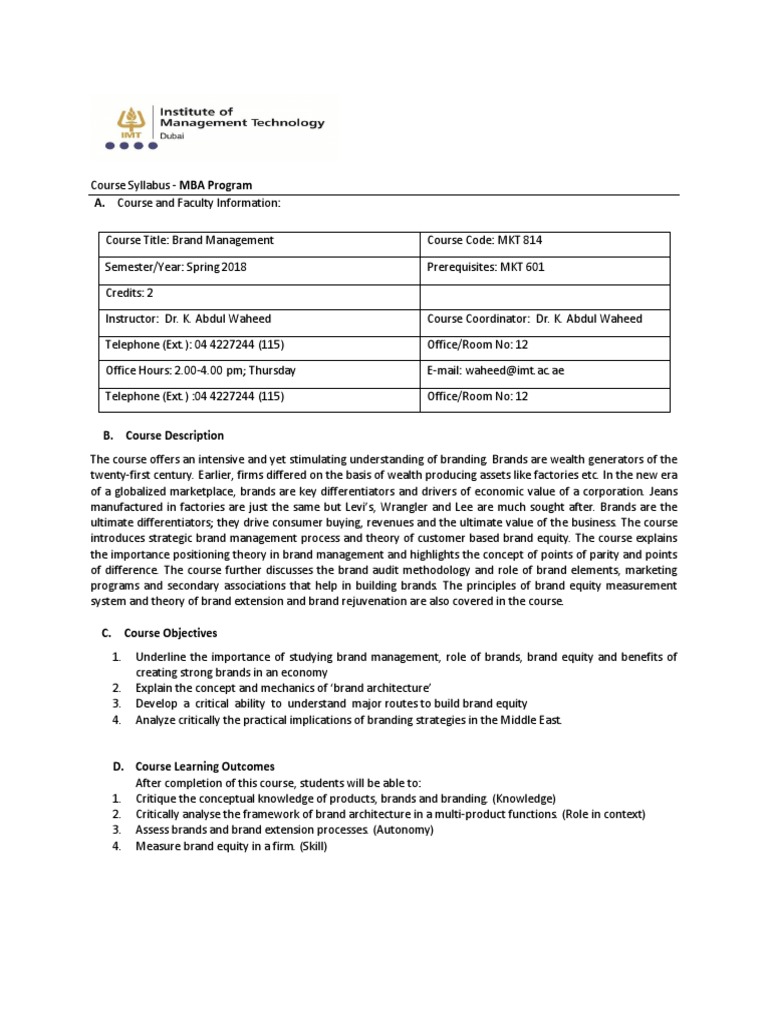 Brand Management MBA Spring 2019 | PDF | Rubric (Academic) | Brand